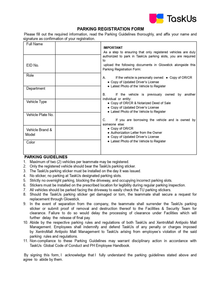 Parking Registration Form Complete | PDF | Road Transport | Transport