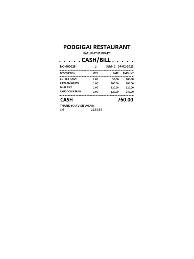 Restaurant Food Bill Format 2025 | PDF
