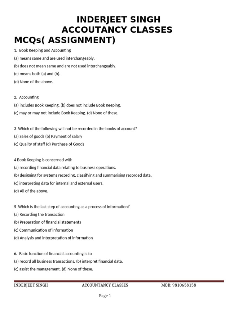 Assignment Chapter 1 MCQ | PDF | Bookkeeping | Going Concern