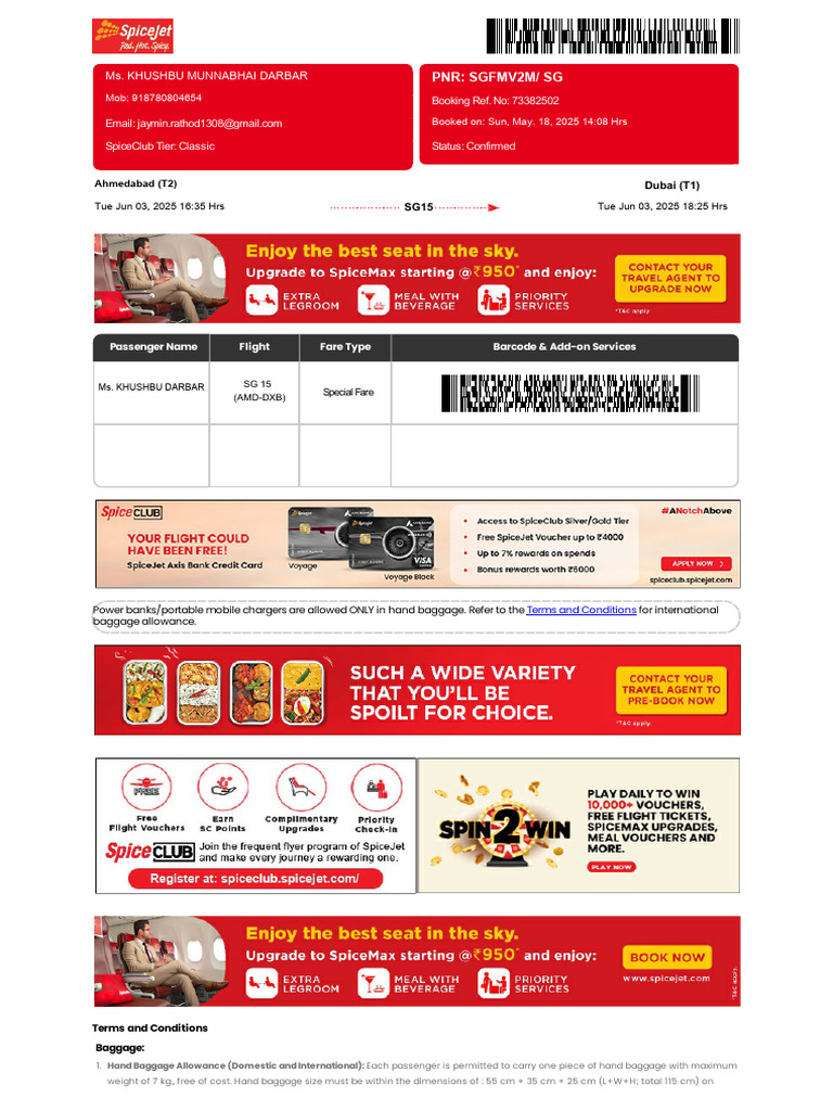 SpiceJet_E-Ticket_ 03 Jun 2025 Ahmedabad-Dubai | PDF | Credit Card ...