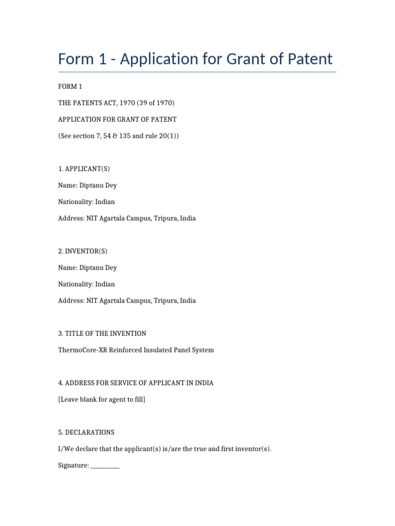 Form 1 - Application For Grant of Patent | PDF