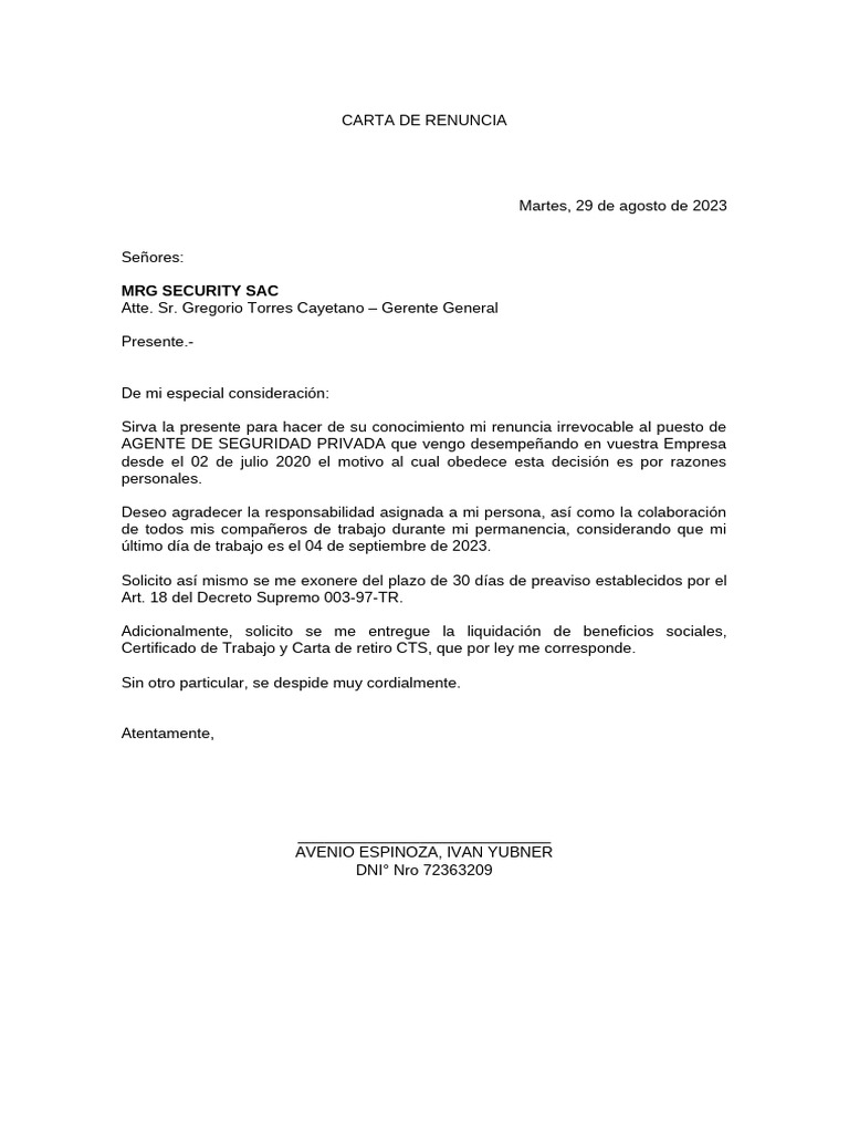 Modelo Carta de Renuncia General | PDF