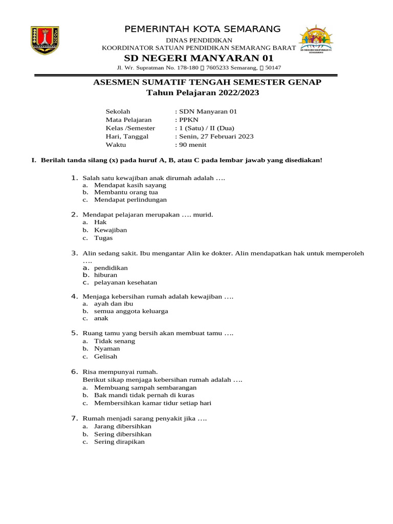 Soal Sts 2 Ppkn Kelas 1 | PDF