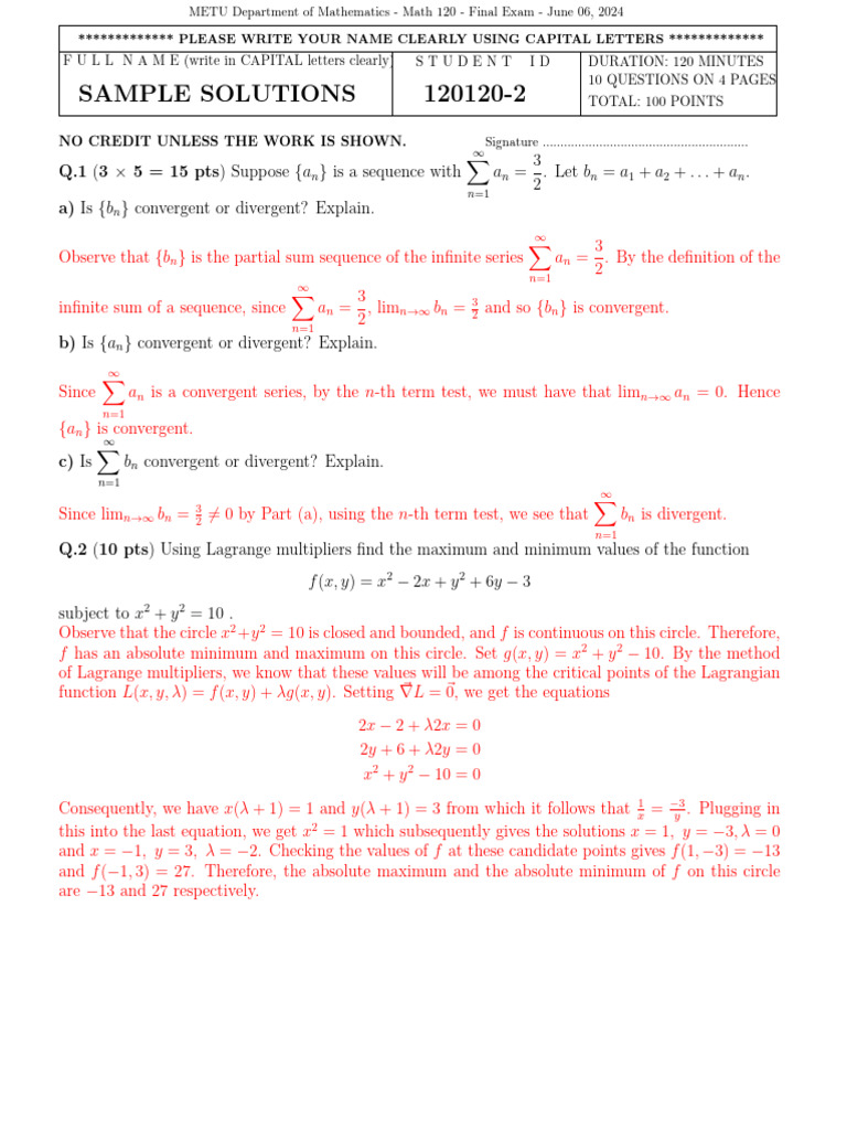 Math 120 Sp24 Final Soln | PDF | Series (Mathematics) | Integral