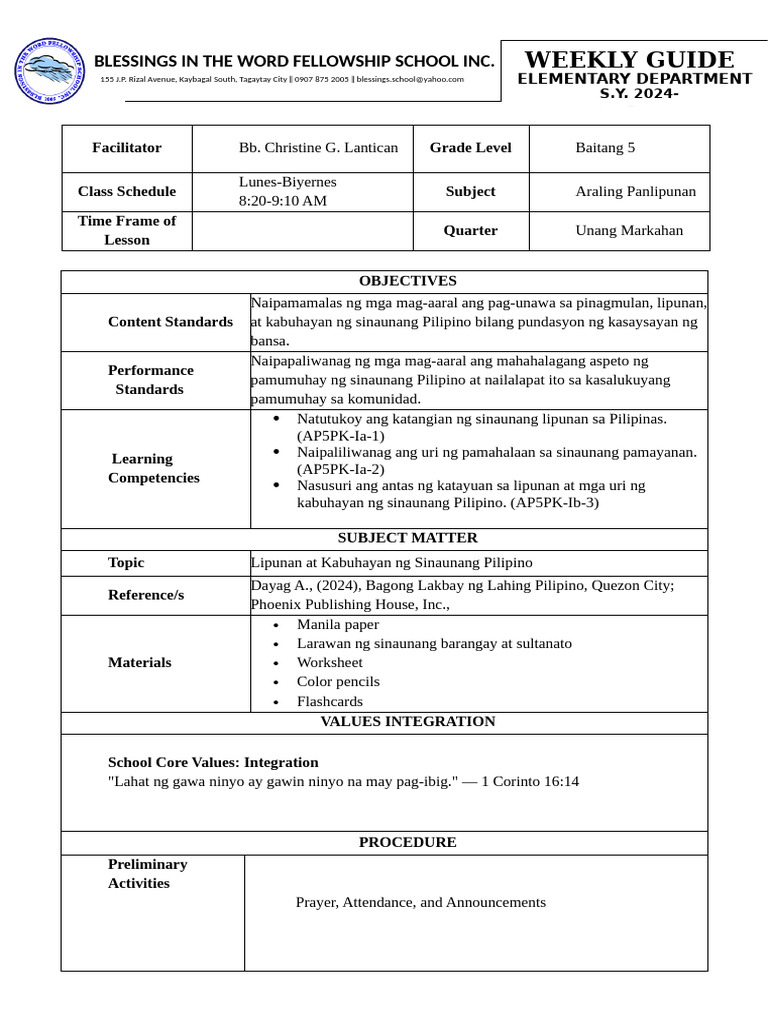 Weekly Guide Plan: Blessings in The Word Fellowship School Inc | PDF