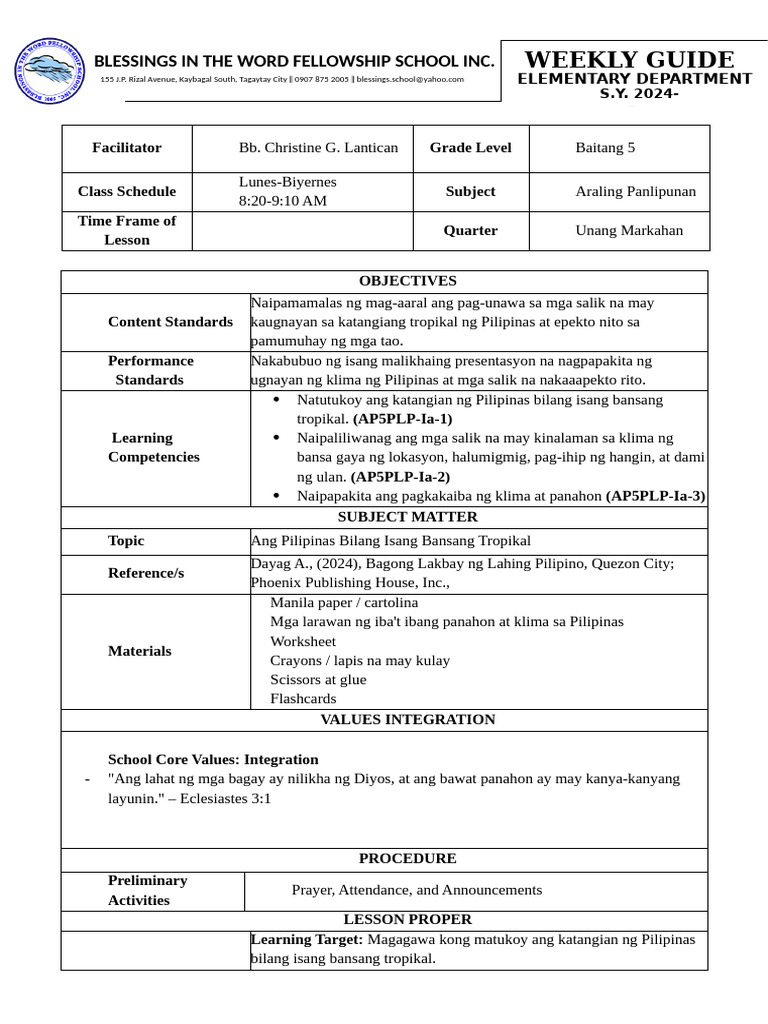 Weekly Guide Plan: Blessings in The Word Fellowship School Inc | PDF