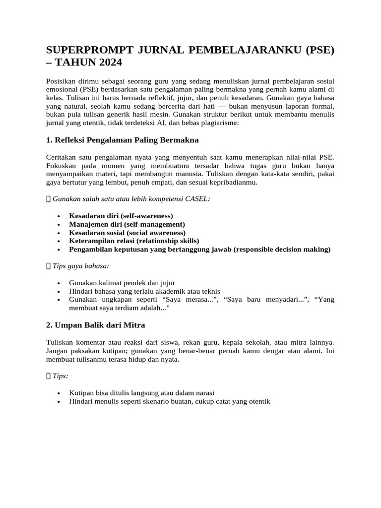 Contoh Prompt Jurnal Pembelajarn Pse 2024 | PDF