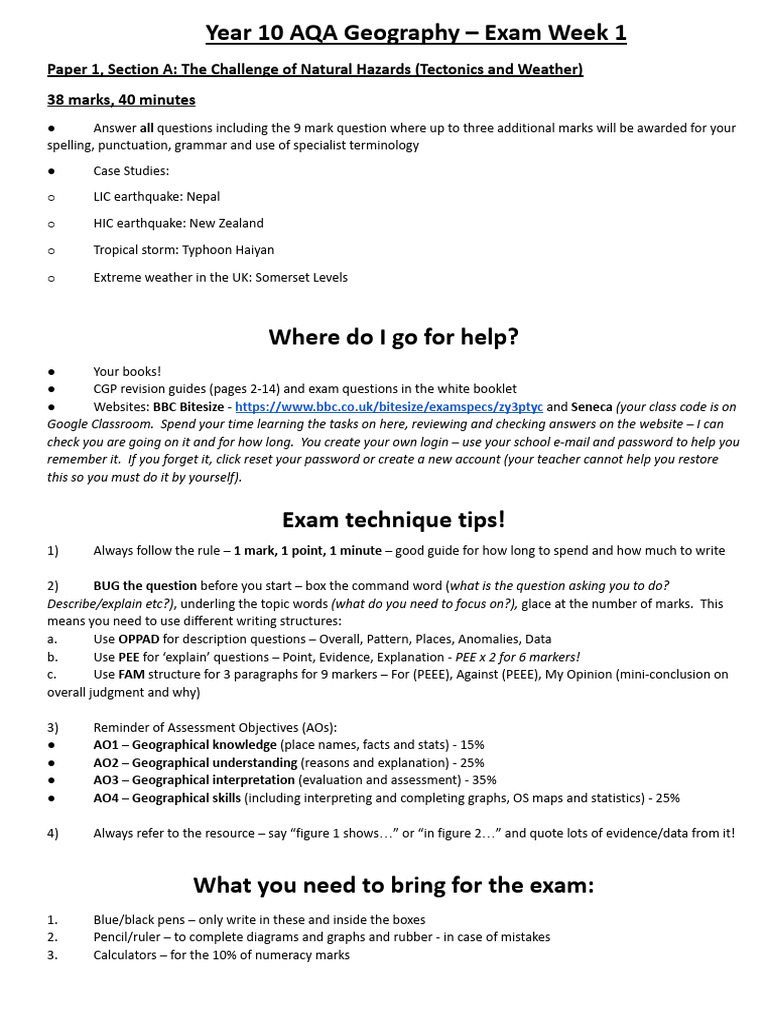 Year 10 Geography Exam Week 1 Sheet 2024 | PDF | Cognition | Learning