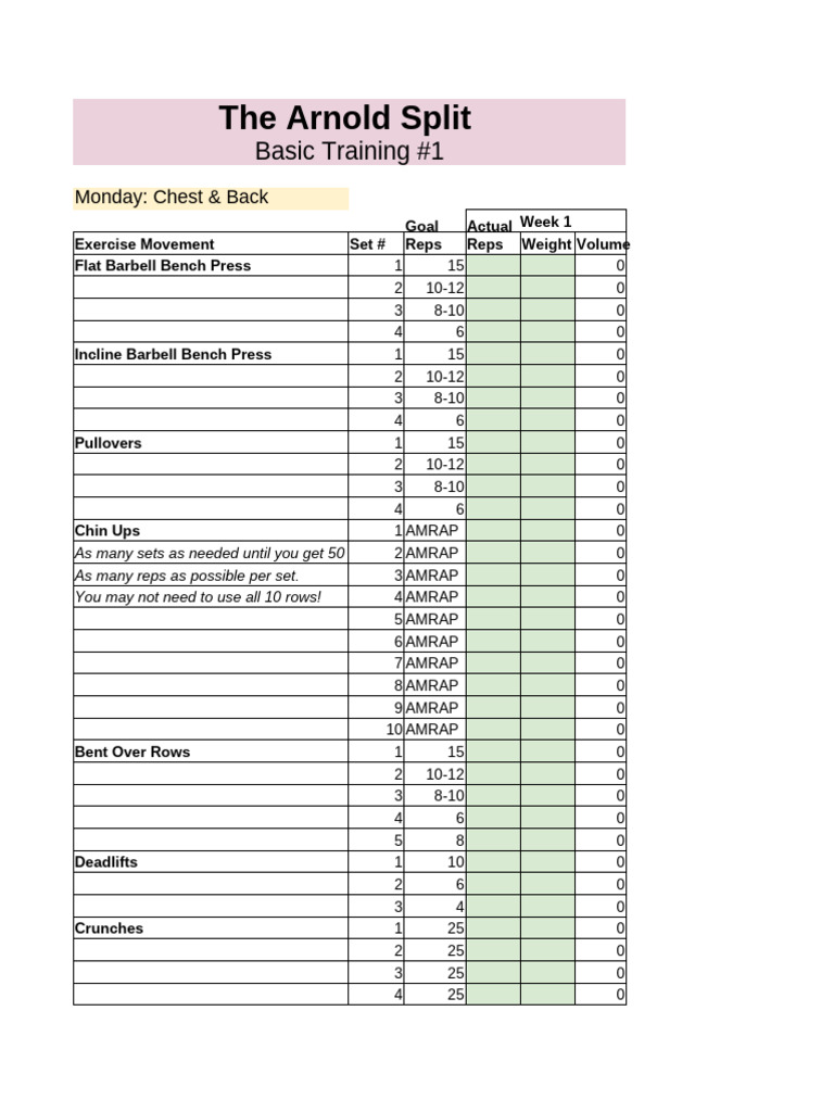 Arnold Split Workout Routine Spreadsheet (Basic Training Program 1 ...