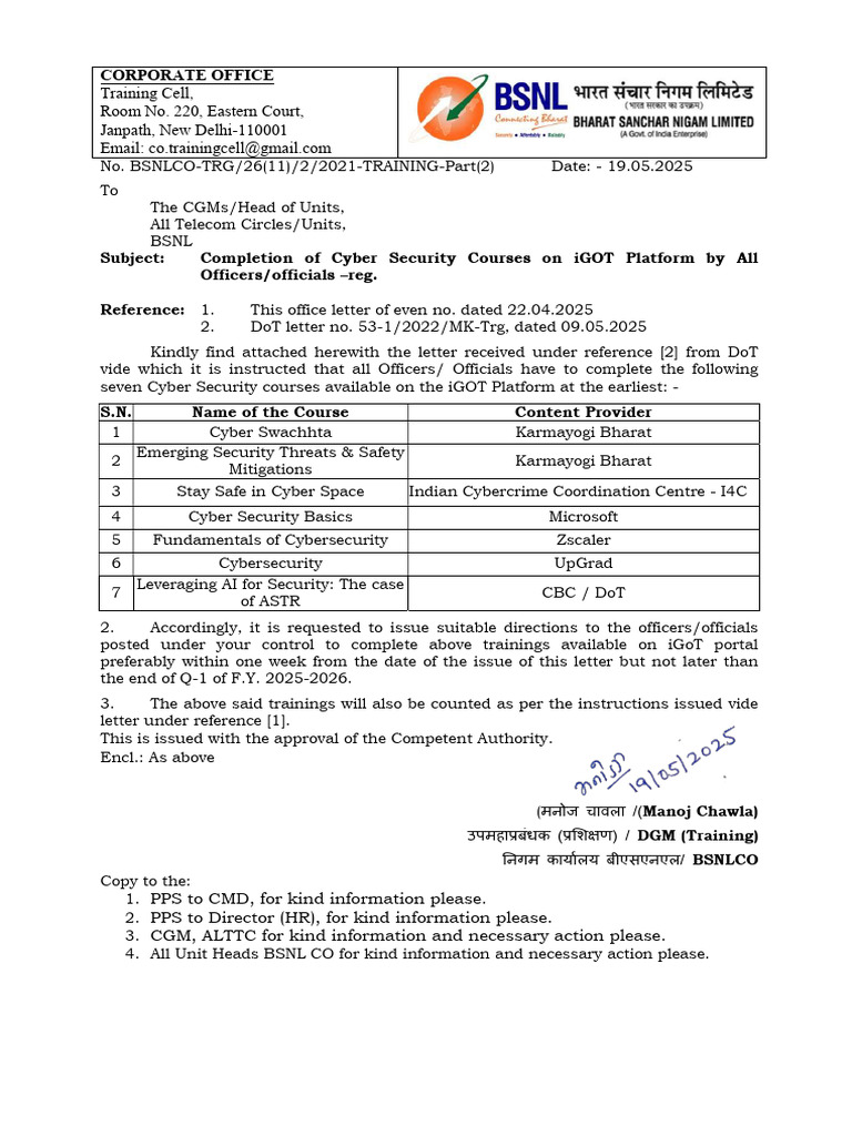 Completion of Cyber Security Courses On iGOT Platform by All Officers ...