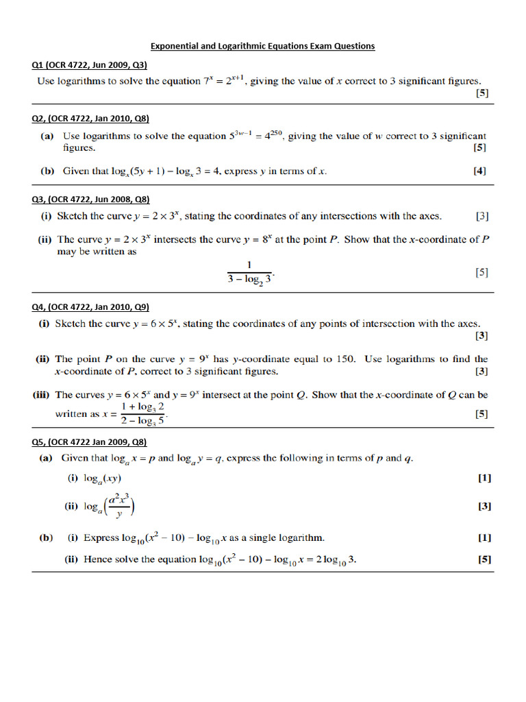 Exponential and Logarithmic Equations Exam Questions | PDF