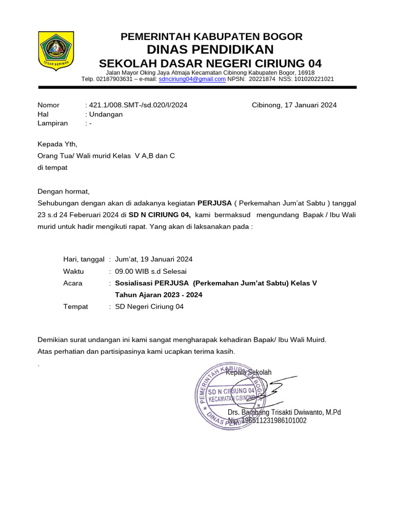 Undangan Rapat Sosialisasi PERJUSA SD Ciriung 04 | PDF