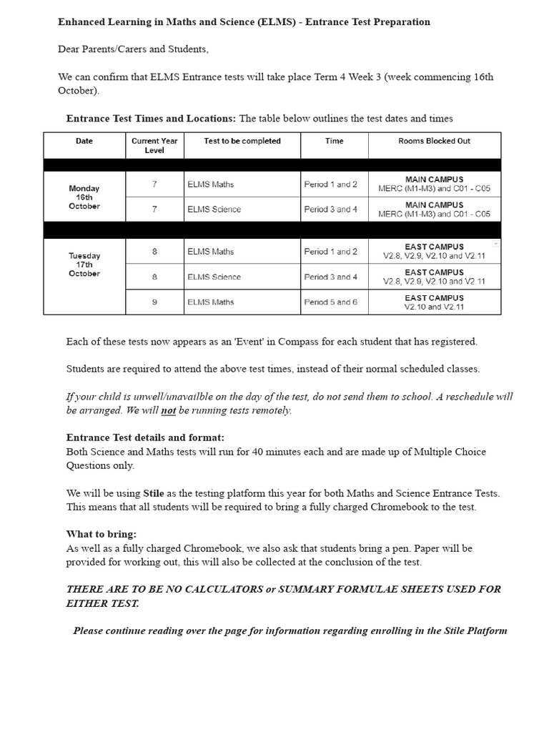 Enhanced Learning in Maths and Science (ELMS) - Entrance Test ...