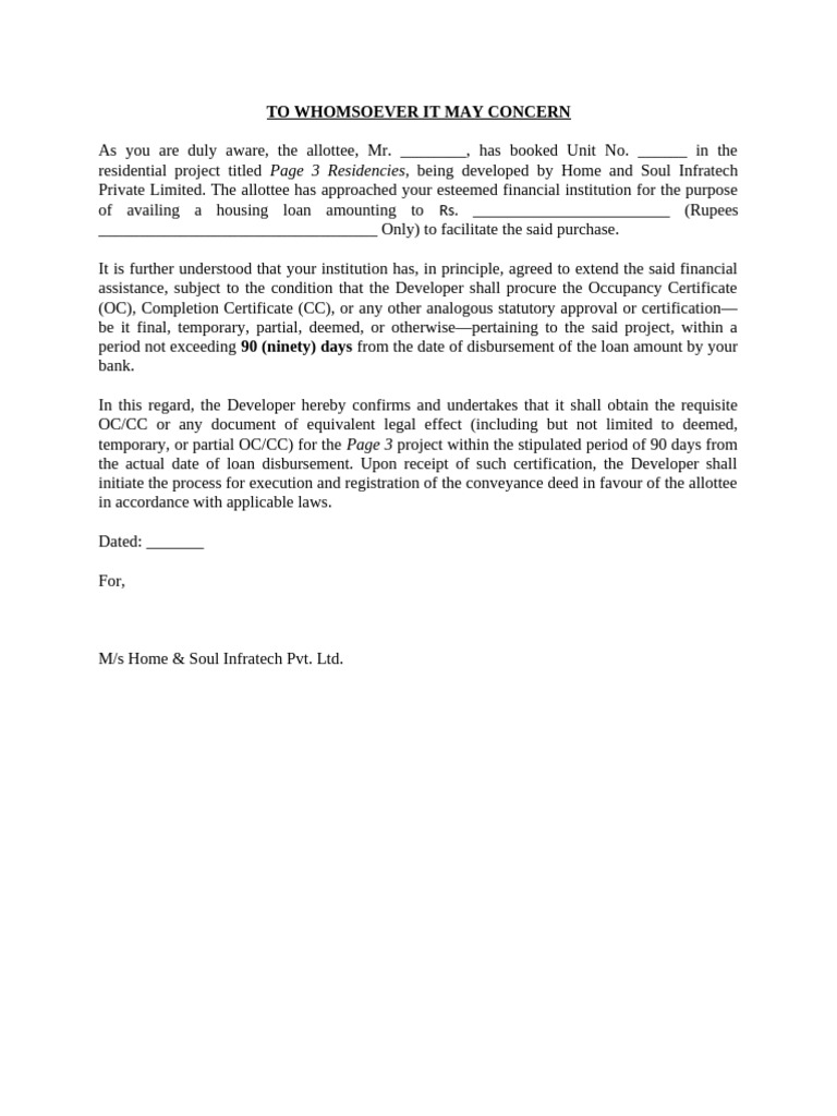Letter To Bank Stating That Within 90 Days of Disbursal of Loan We ...