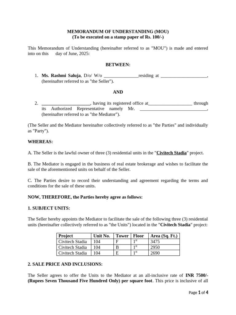 Memorandum of Understanding - Rashmi Saluja & Icipl | PDF | Indemnity ...