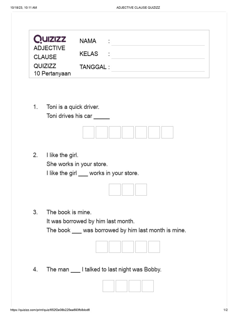 Adjective Clause Quizizz for Students | PDF
