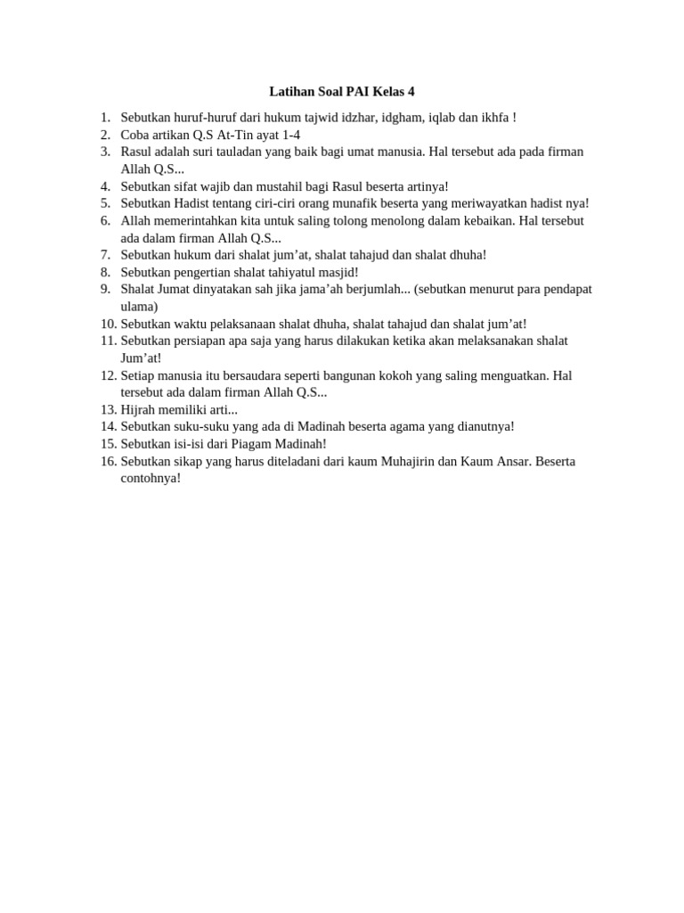 Latihan Soal PSAT PAI Kelas 4 | PDF