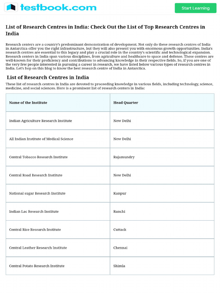 List of Research Centers in India - Check List of Research Centre | PDF