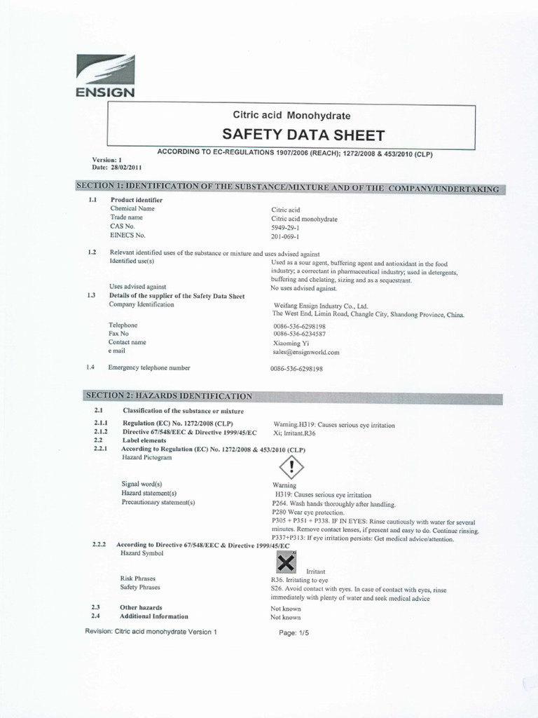 Citric Mono MSDS | PDF
