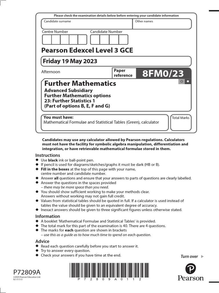 8fm0 Further Maths Further Statistics 1 QP | PDF | Mathematics | Variance