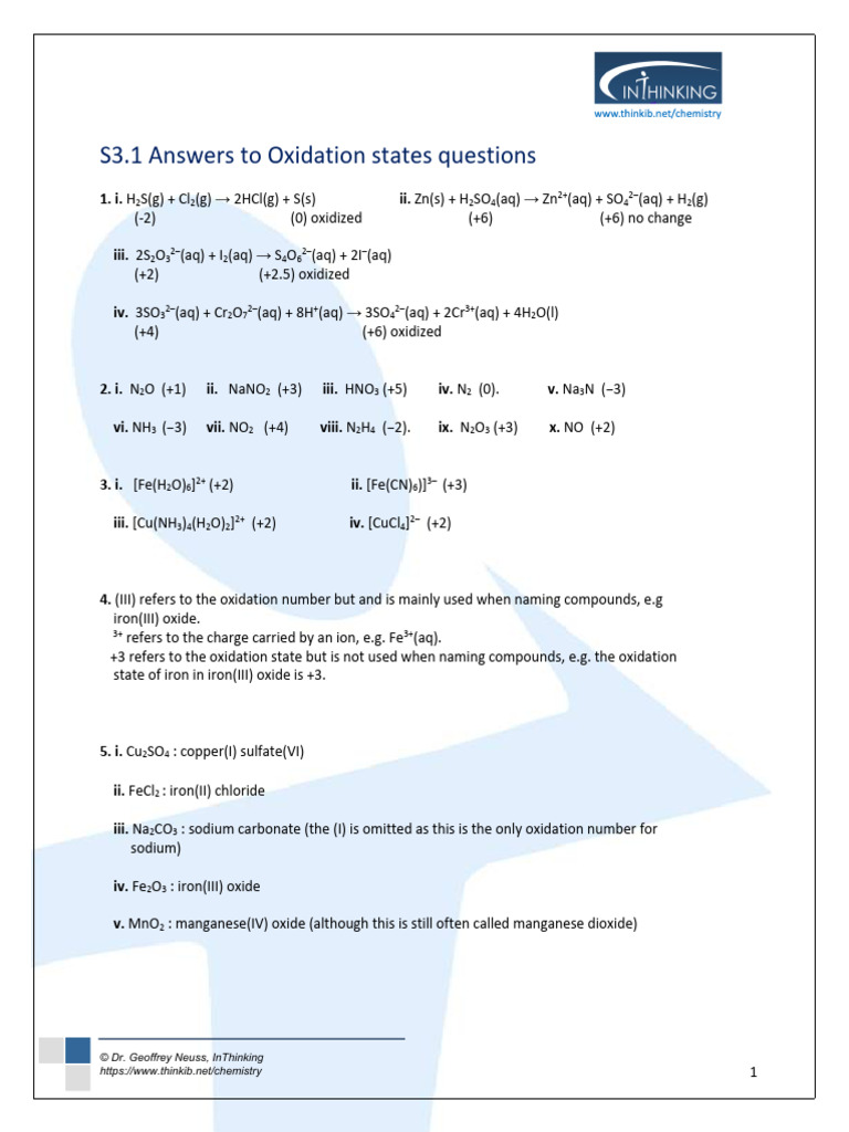 A s3.1 Oxidation States Questions | PDF