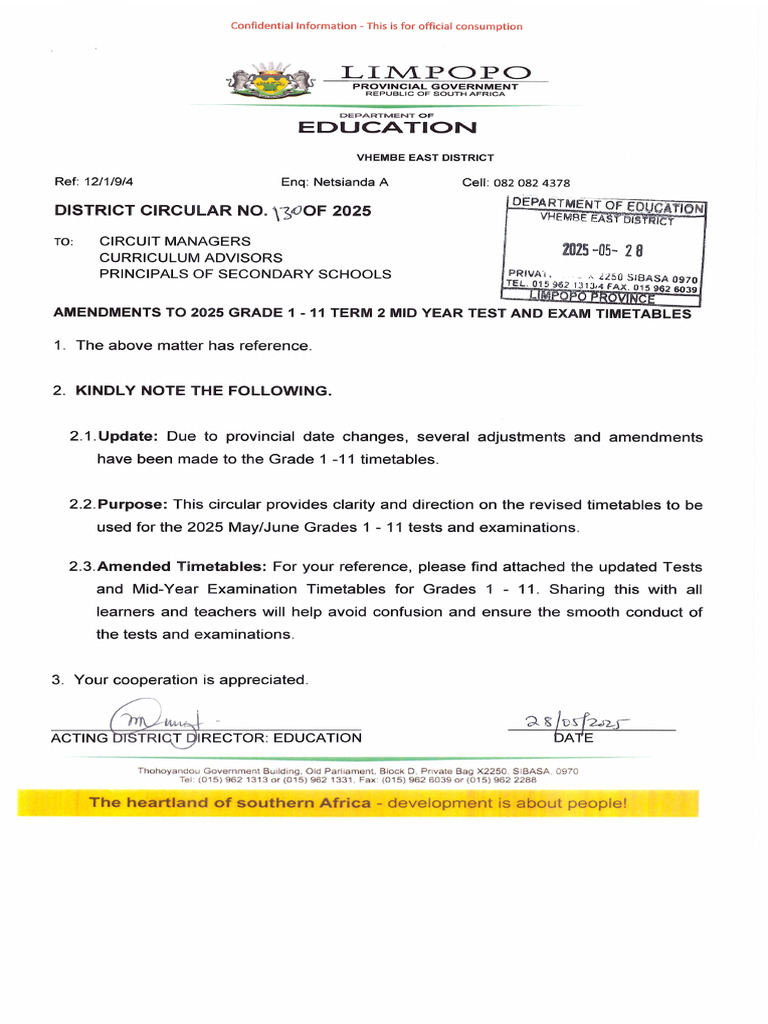 Circular-Amendments To 2025 Grade 1 - 11 Term 2 Mid Year Test and Exam ...