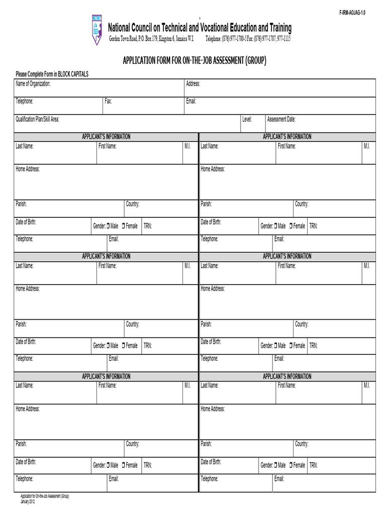 Application For on-The-Job Assessment (Group) v1.0 - Jan 2012 | PDF