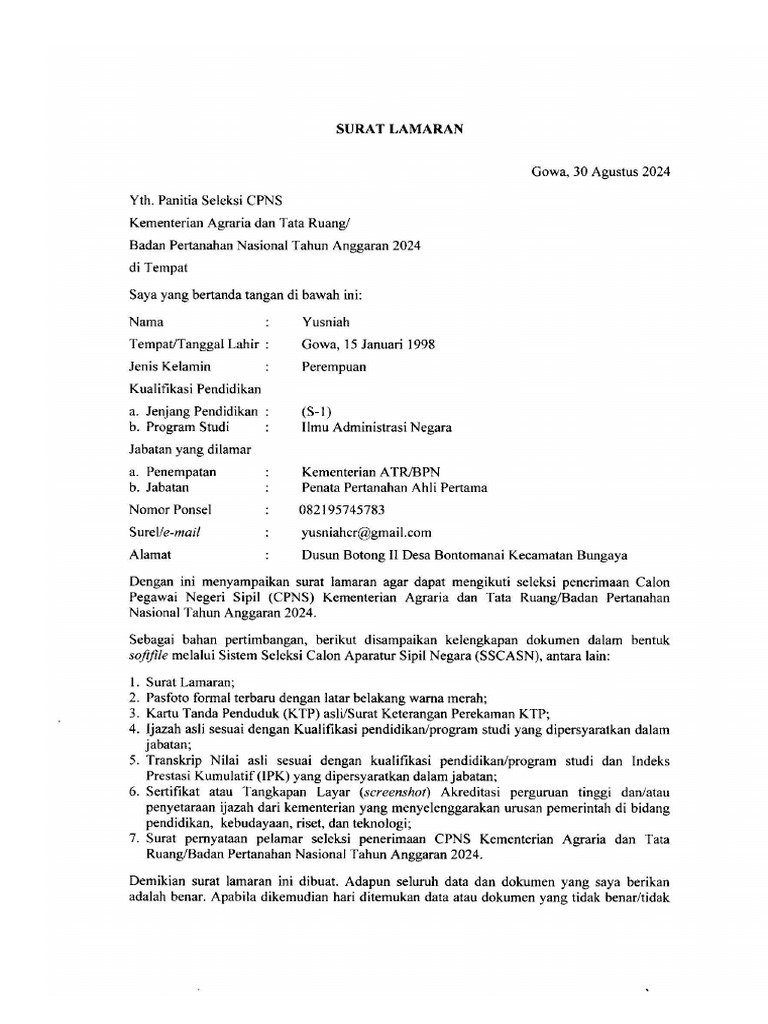 Surat Lamaran Yusniah | PDF