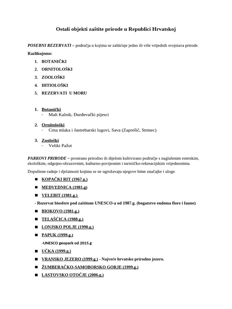Ostali Objekti Zaštite Prirode U Republici Hrvatskoj | PDF