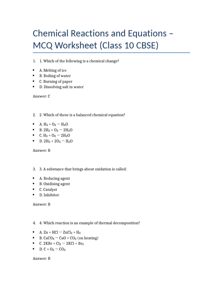 Chemical Reactions and Equations MCQs Class10 | PDF | Chemical ...