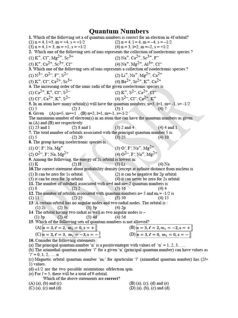 Topicwise Pyq Quantum Numbers | PDF | Atomic Orbital | Electron Configuration