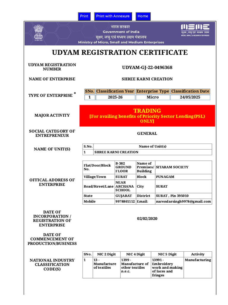 Print - Udyam Registration Certificate | PDF
