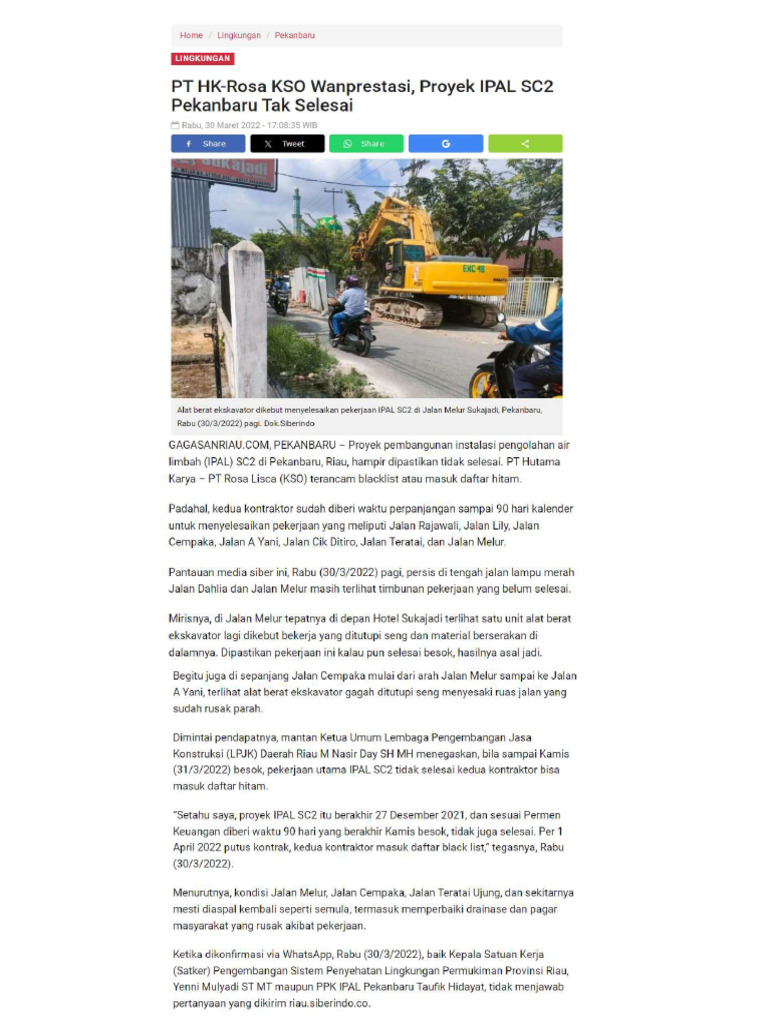 PT HK-Rosa KSO Wanprestasi, Proyek IPAL SC2 Pekanbaru Tak Selesai | PDF
