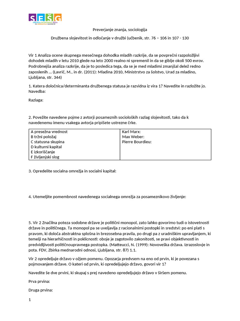 Preverjanje Znanja, Sociologija 2 | PDF