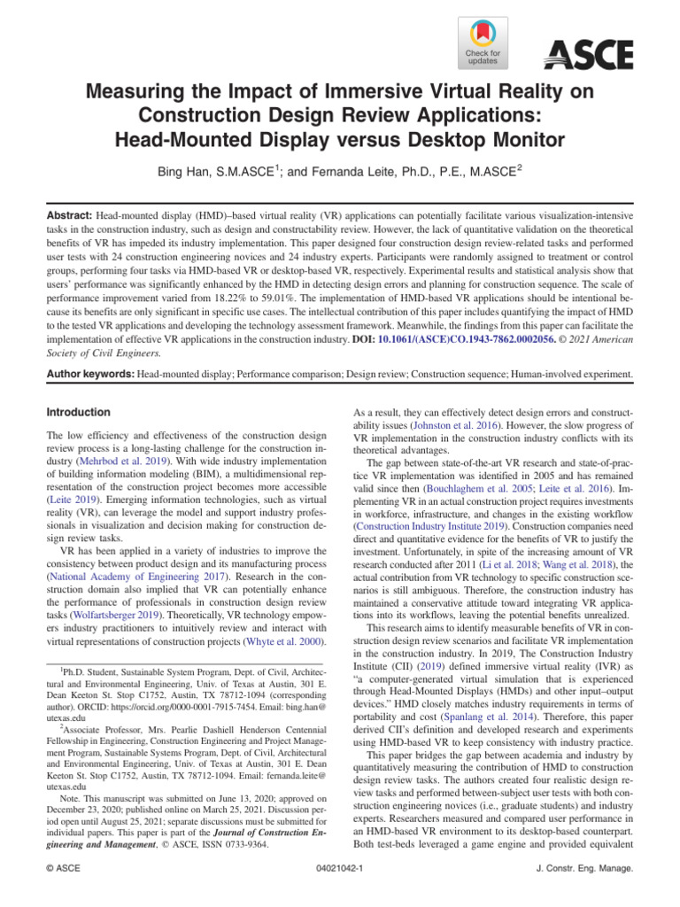 Han Et Al 2021 Measuring the Impact of Immersive Virtual Reality on Construction Design Review ...