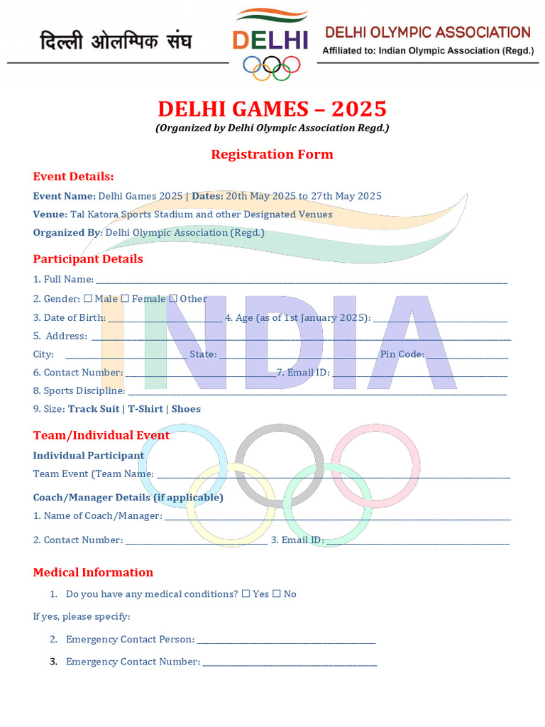 Delhi Games 2025 Registration Form | PDF