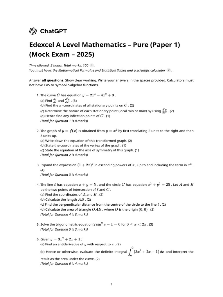 Edexcel A Level Maths Paper 1 Mock 2025 | PDF | Trigonometric Functions ...