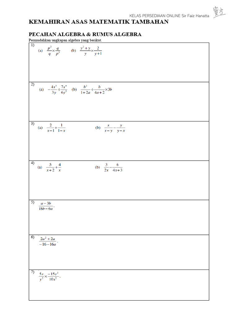 1 KEMAHIRAN ASAS MT Rumus Algebra Pecahan Algebra Dan Persamaan | PDF