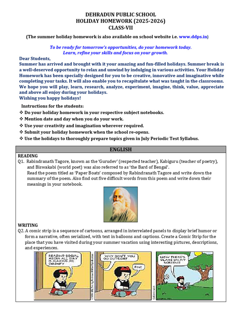 Class VII Holiday Homework Notice | PDF | Rabindranath Tagore
