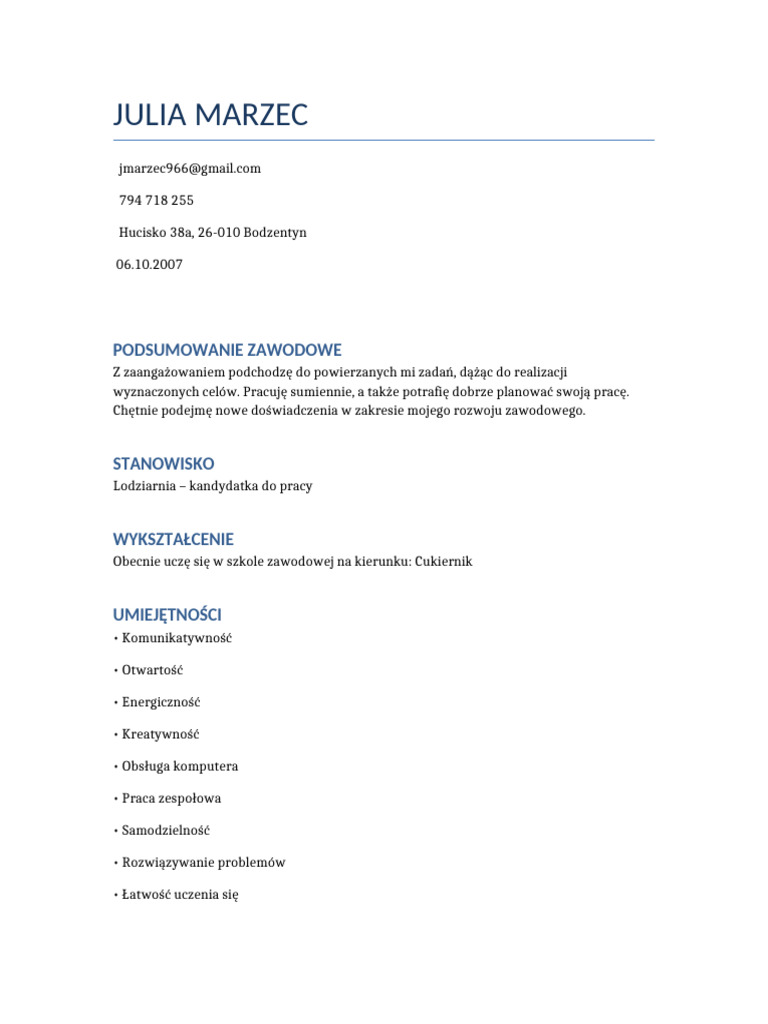 CV Julia Marzec Aktualne | PDF