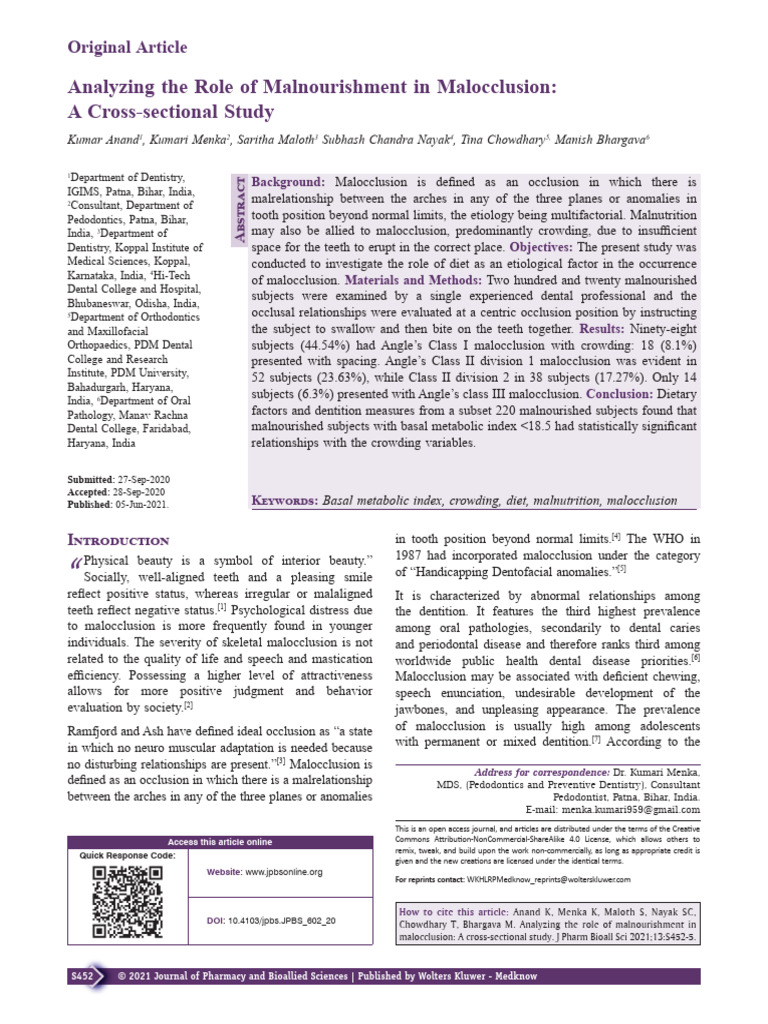 Analyzing The Role of Malnourishment In.102 | PDF | Dentistry ...