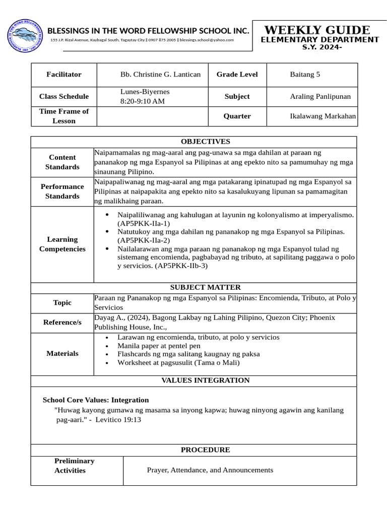 Weekly Guide Plan: Blessings in The Word Fellowship School Inc | PDF