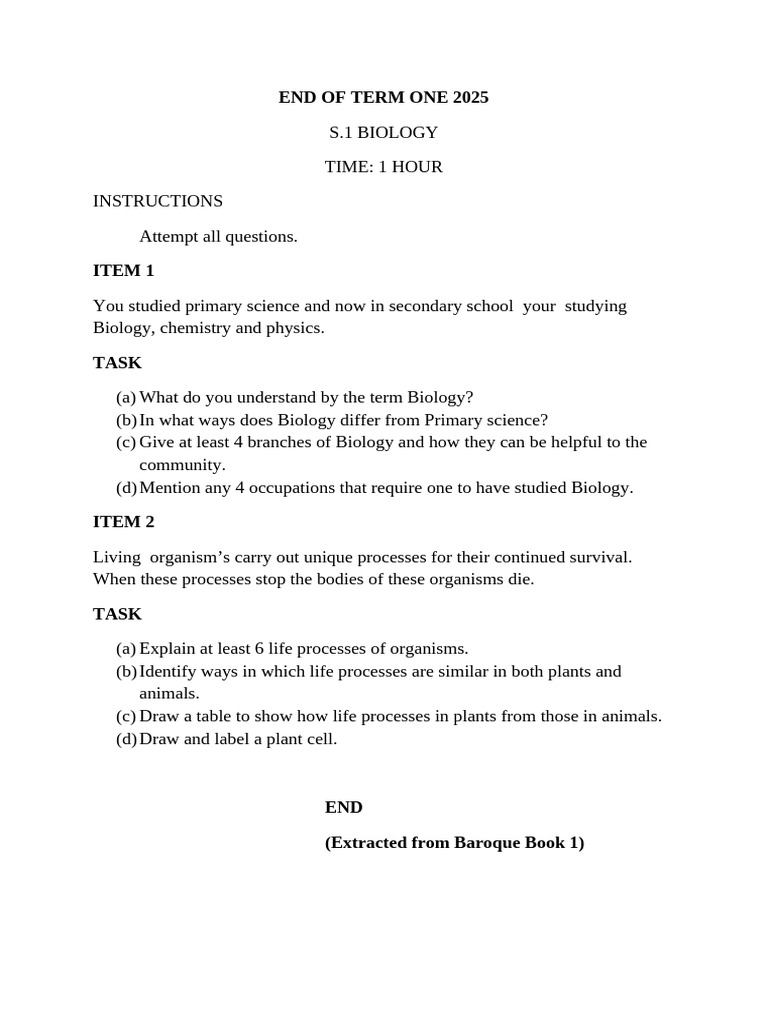 SS1 Biology Term One Exam 2025 | PDF
