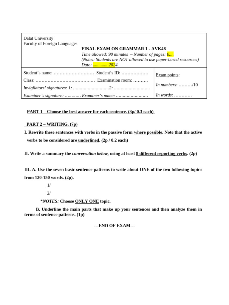 Grammar 1 - Format Thi Trực Tiếp | PDF