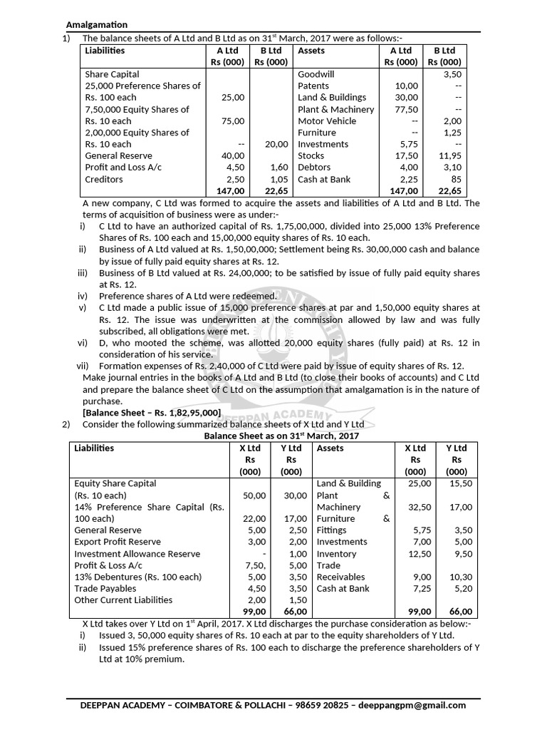 Test 1 - Amalgamation - Advanced Accounting | PDF | Equity (Finance ...