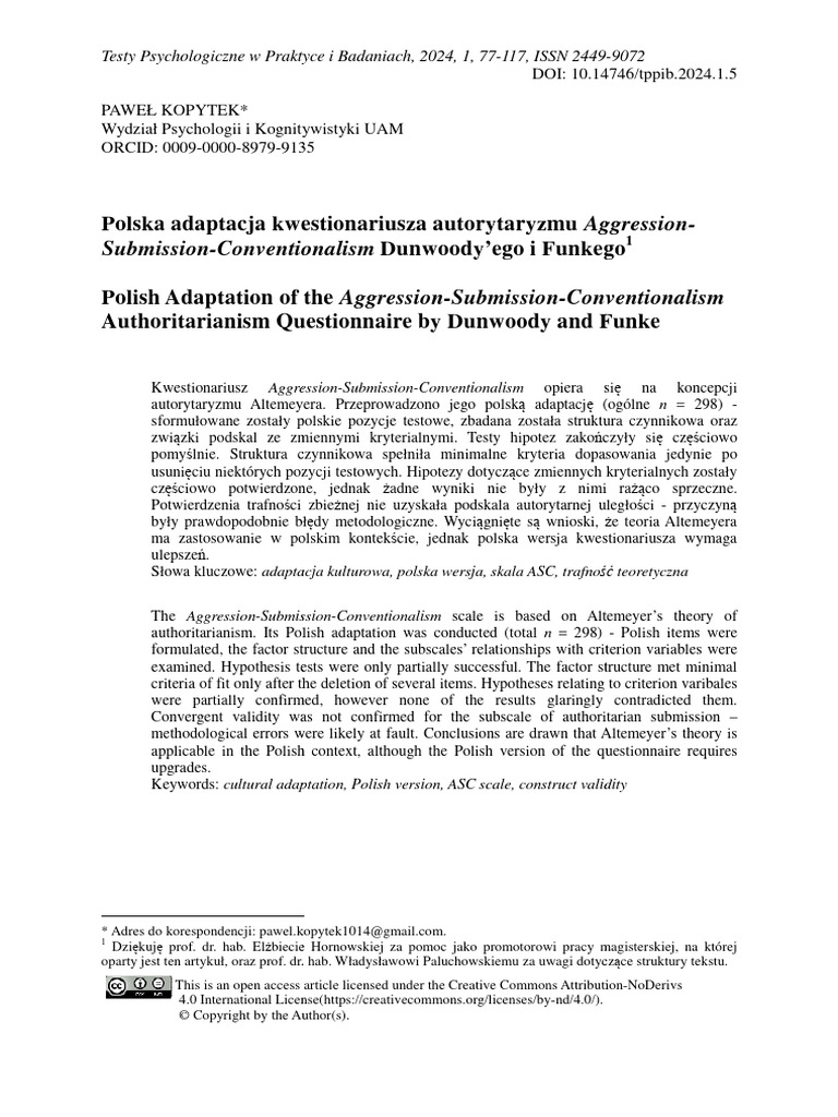 Polska Adaptacja Kwestionariusza Autorytaryzmu Agg | PDF
