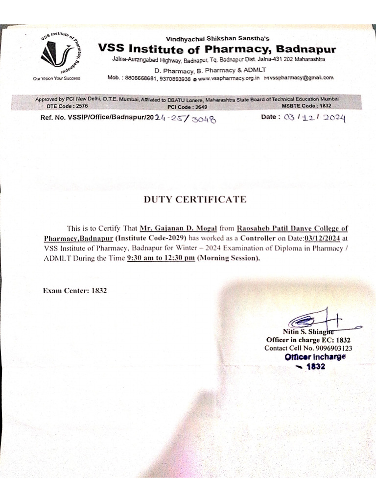 Duty Certificate D.pharm - Controller 2024-25 | PDF