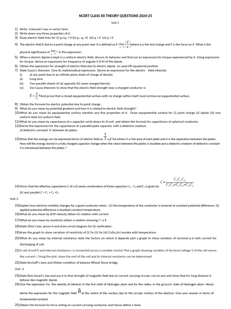 NCERT Class XII Physics Theory Questions 2024-25 | PDF | P–N Junction ...