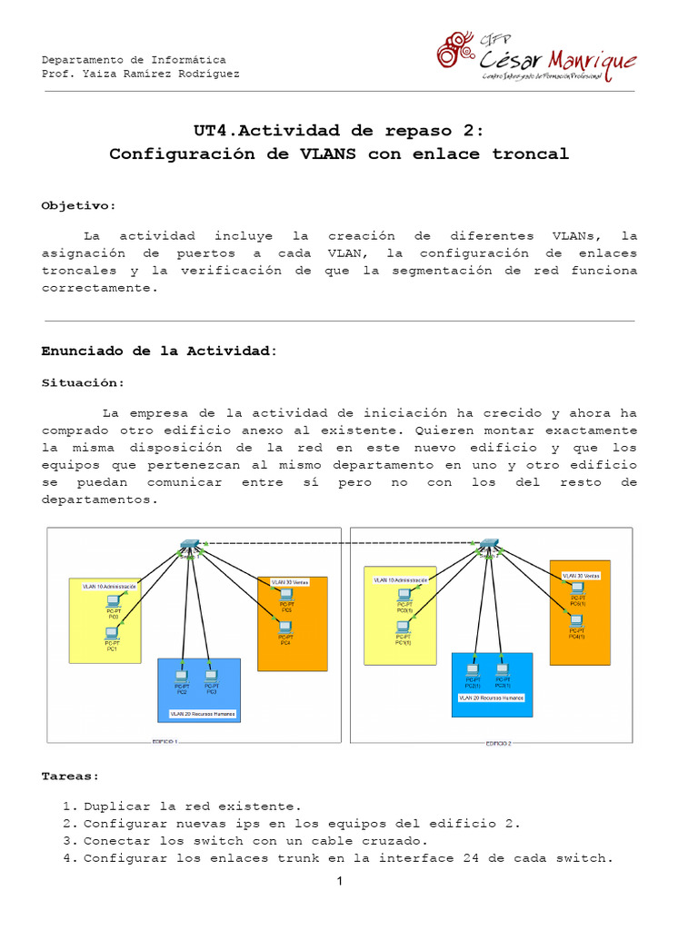 UT4. Actividad de Repaso 2. Configuración de VLANs Con Enlace Troncal | PDF