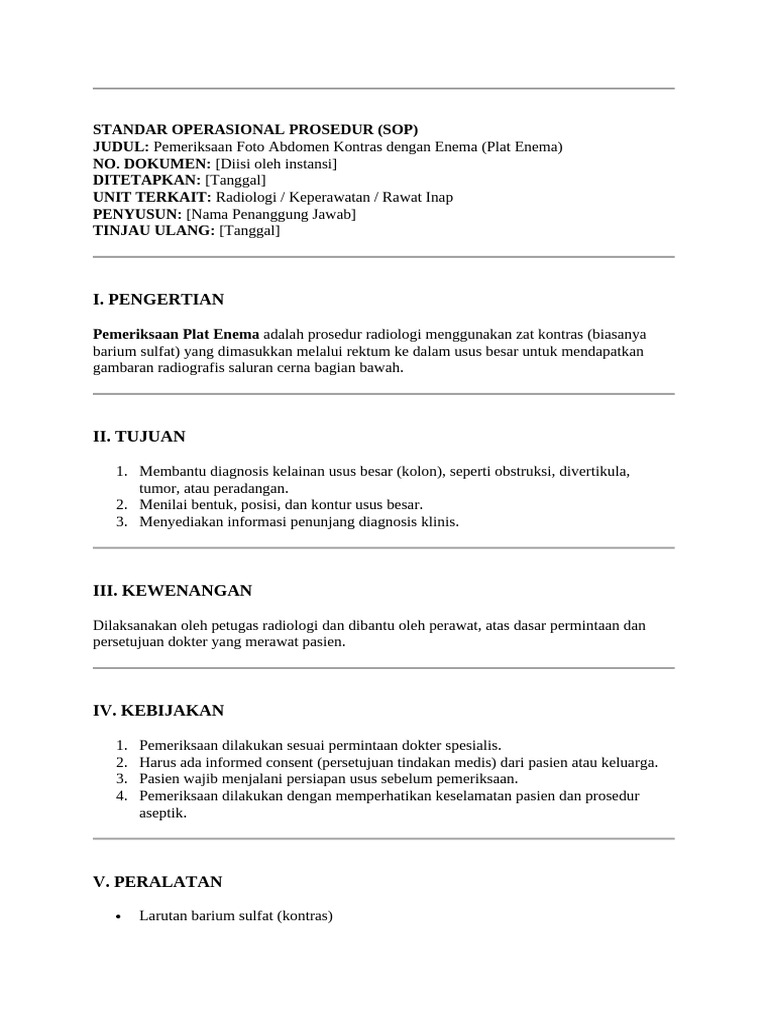 Standar Operasional Prosedur (SOP) Pemeriksaan Foto Rontgen Abdomen (Plat Abdomen) Dengan Enema ...